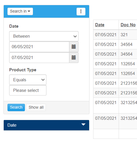 How to set search panel date field to drop down - for date between