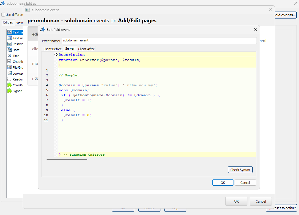 Field Events show SWAL or appear on COde Snippet